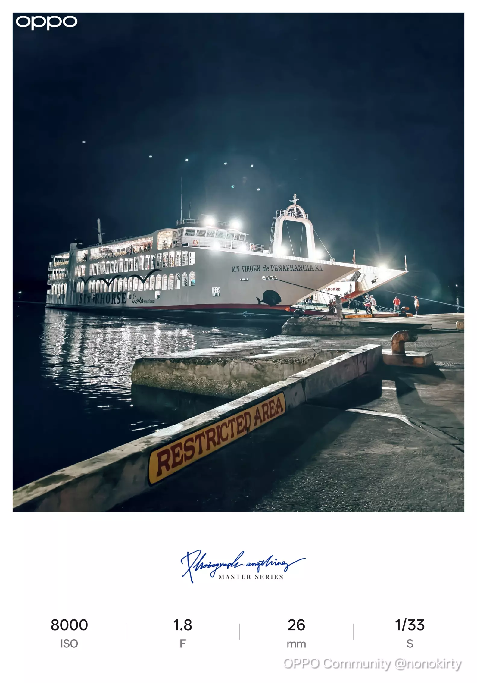 Night at the port. Lights reflecting on the water, ferries w