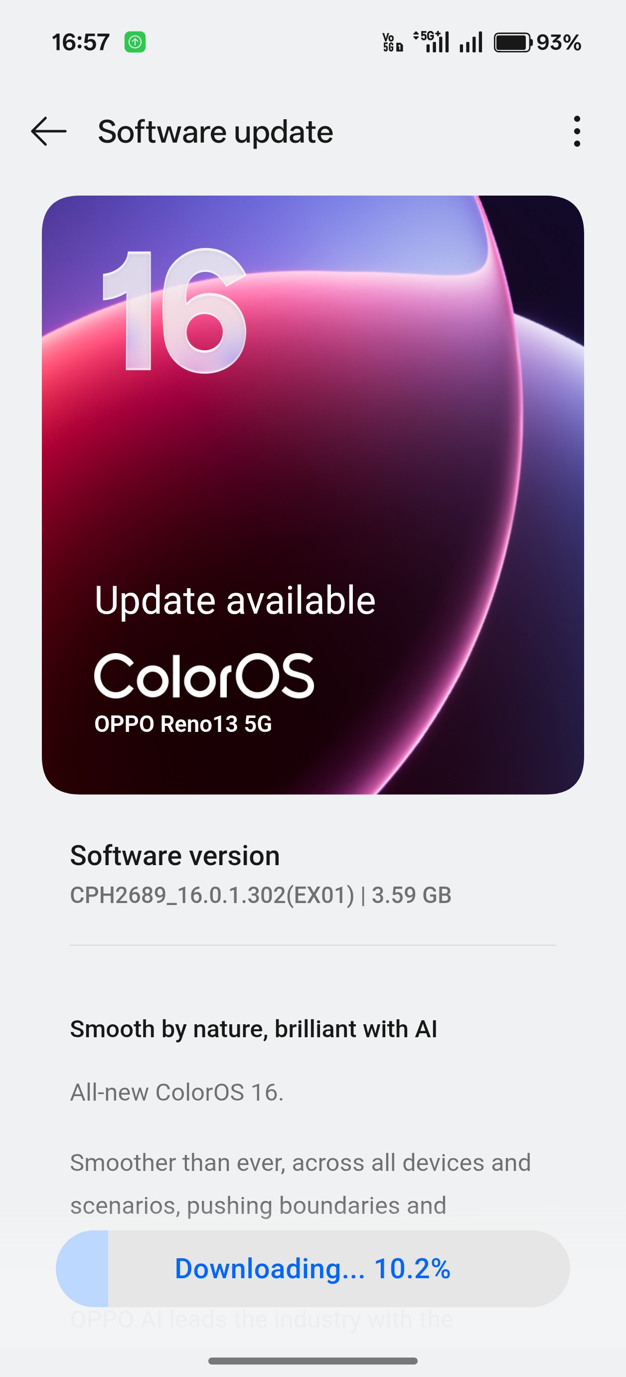 Oppo Reno 14 coloros 16 update nahin mila