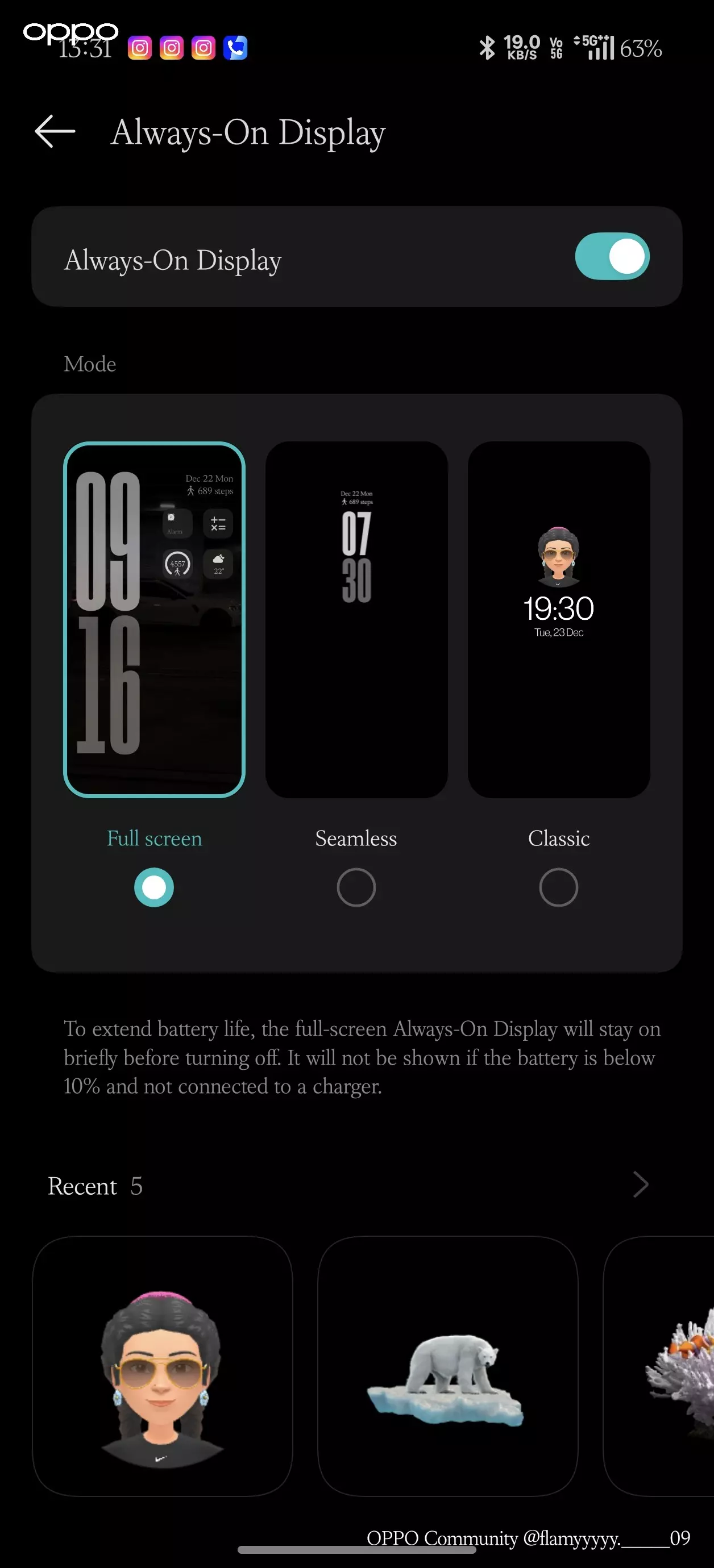 always on display not working only showing for 10 second ple