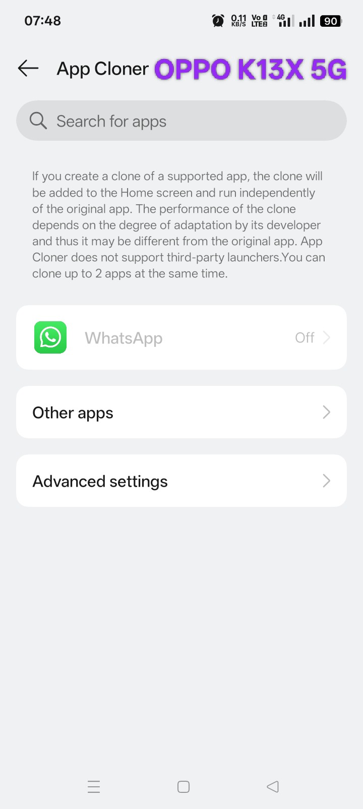 LIMITATION OF INBUILT APP CLONER IN OPPO K13X