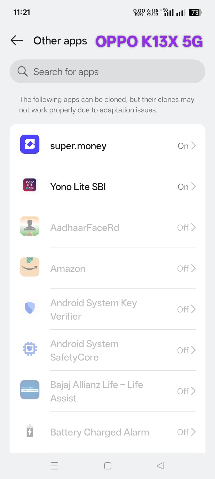 LIMITATION OF INBUILT APP CLONER IN OPPO K13X